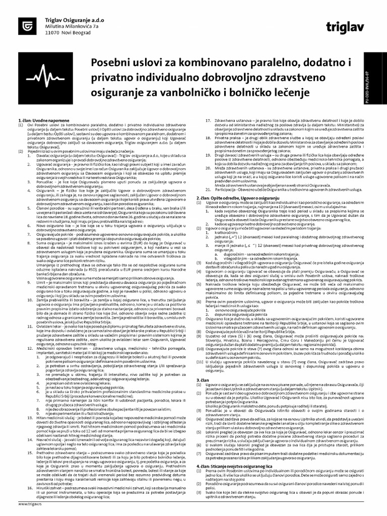 Dobrovoljno Zdravstveno Osiguranje Triglav - POSEBNI USLOVI | PDF