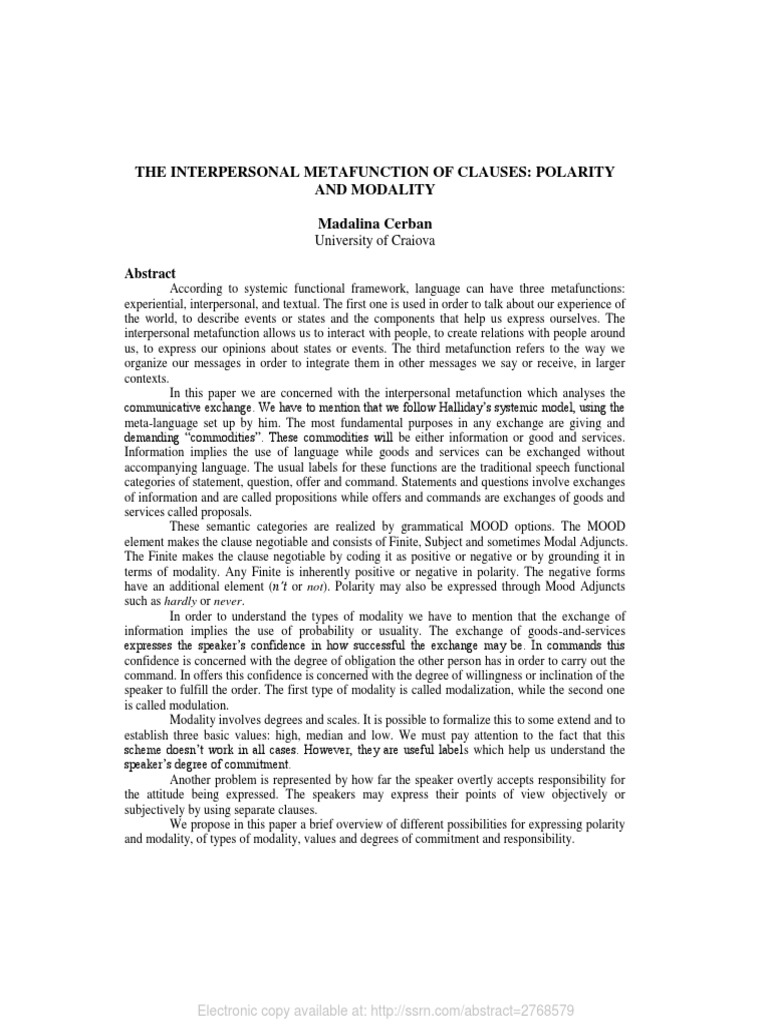 The Interpersonal Metafunction of Clauses: Polarity and Modality | PDF | Clause | Question