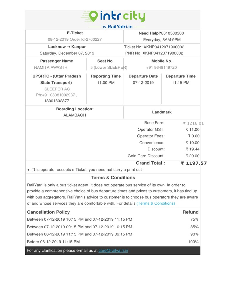 Bus E-Ticket PNR-XKNP3412071900002 | PDF | Ticket (Admission ...