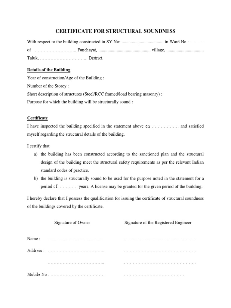 Form for Certificate for Structural Stability