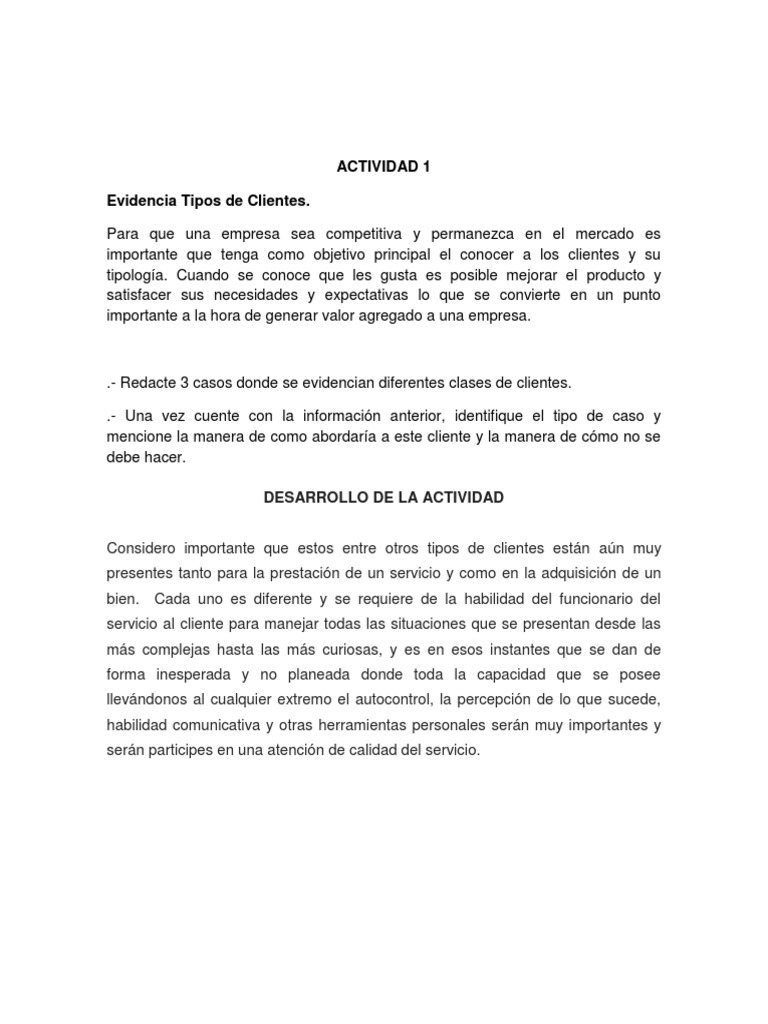 Actividad 1 Tipos de Clientes | PDF | Cliente | Servicio al Cliente