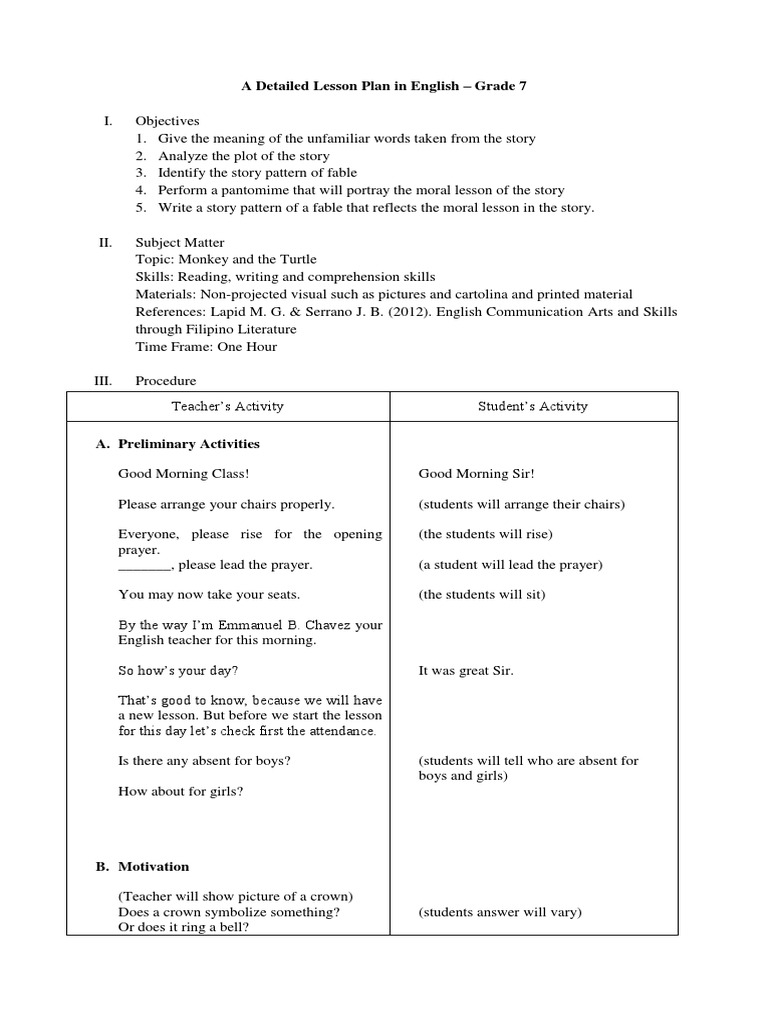 Lesson Plan: Fable Analysis for Grade 7 | PDF | Fable | Reading ...