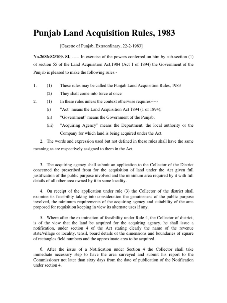 Punjab Land Acquisition Rules 1984 | PDF | Eminent Domain | Public Law