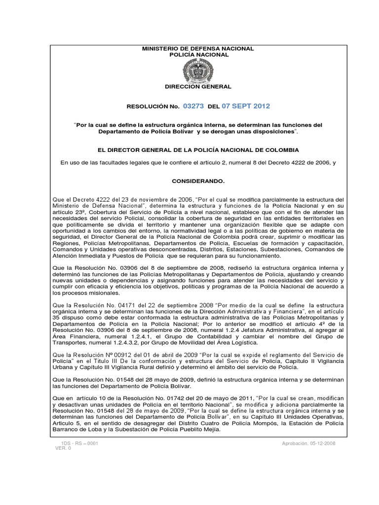 Resolucion 3273 Del 070912 Estructura Organica y Siglas Debol | PDF | Policía | Planificación