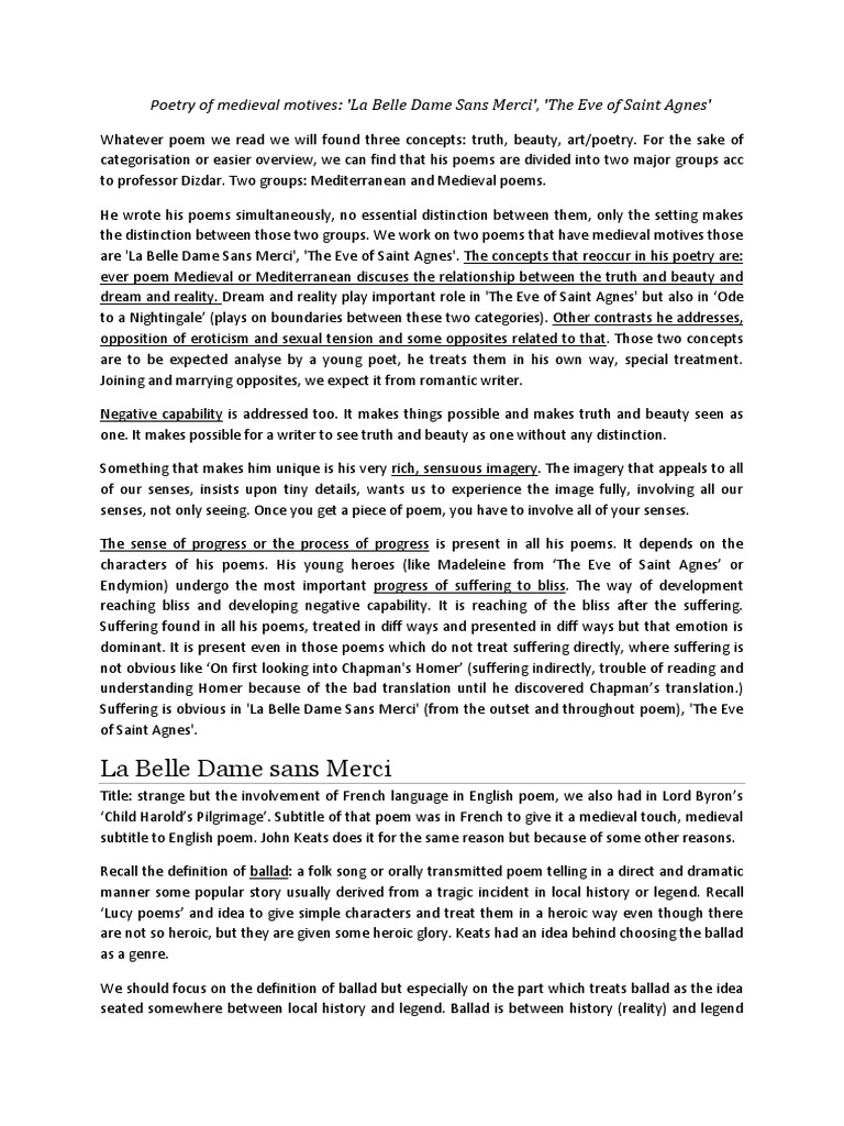 Keats-La Belle Dame Sans Merci, The Eve of ST - Agnes | PDF | John ...