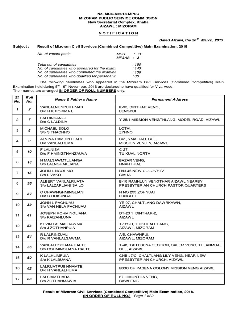 MCS Combined 2018 Main Written Result | PDF