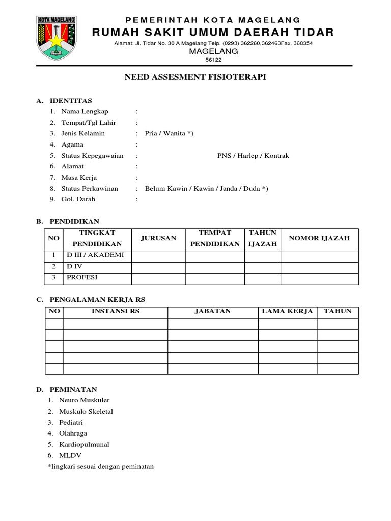Formulir Need Assessment Fisioterapi | PDF
