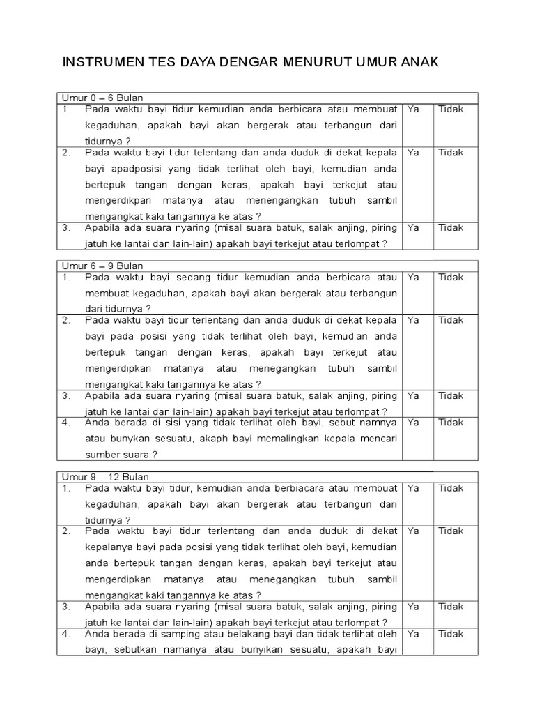 Instrumen Tes Daya Dengar Menurut Umur Anak | PDF