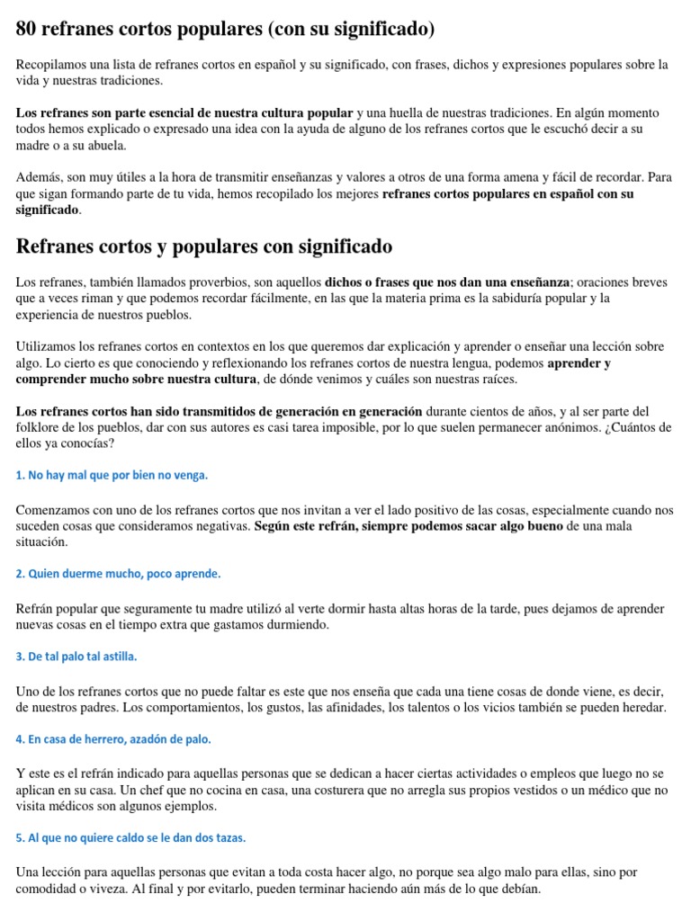 80 Refranes Cortos Populares (Con Su Significado) | PDF | Humor | Folklore
