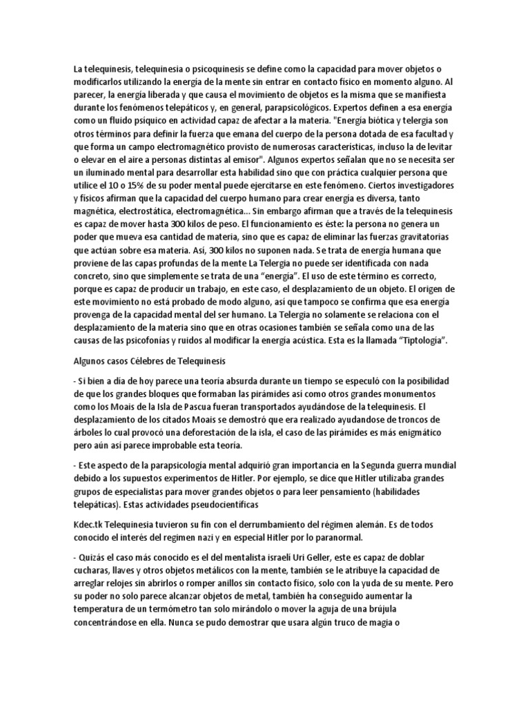 La Telequinesis, Telequinesia o Psicoquinesis | PDF | Física | Science