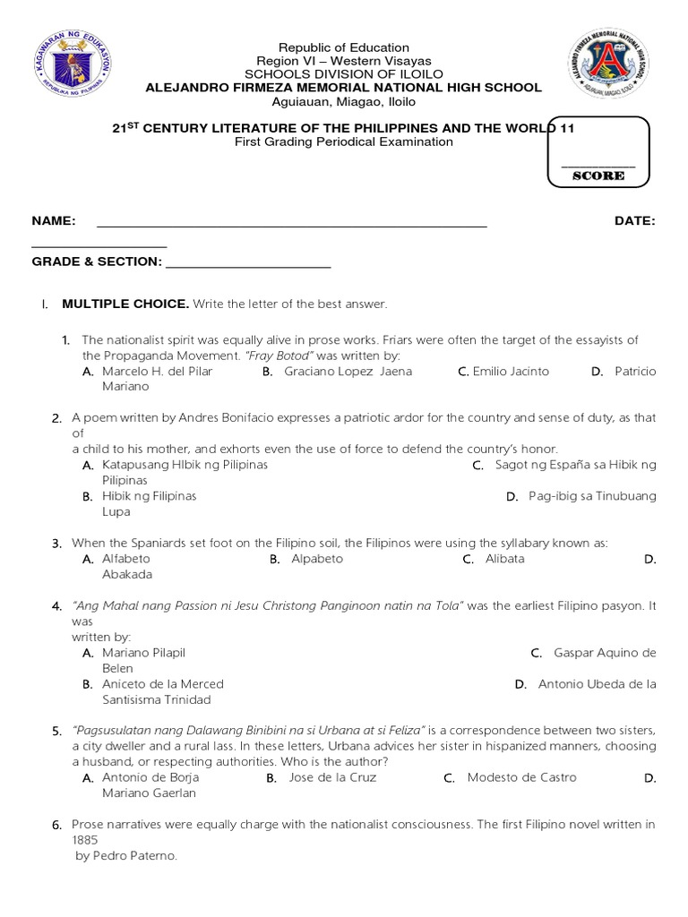 Analysis of a Grade 11 Literature Examination from Alejandro Firmeza ...