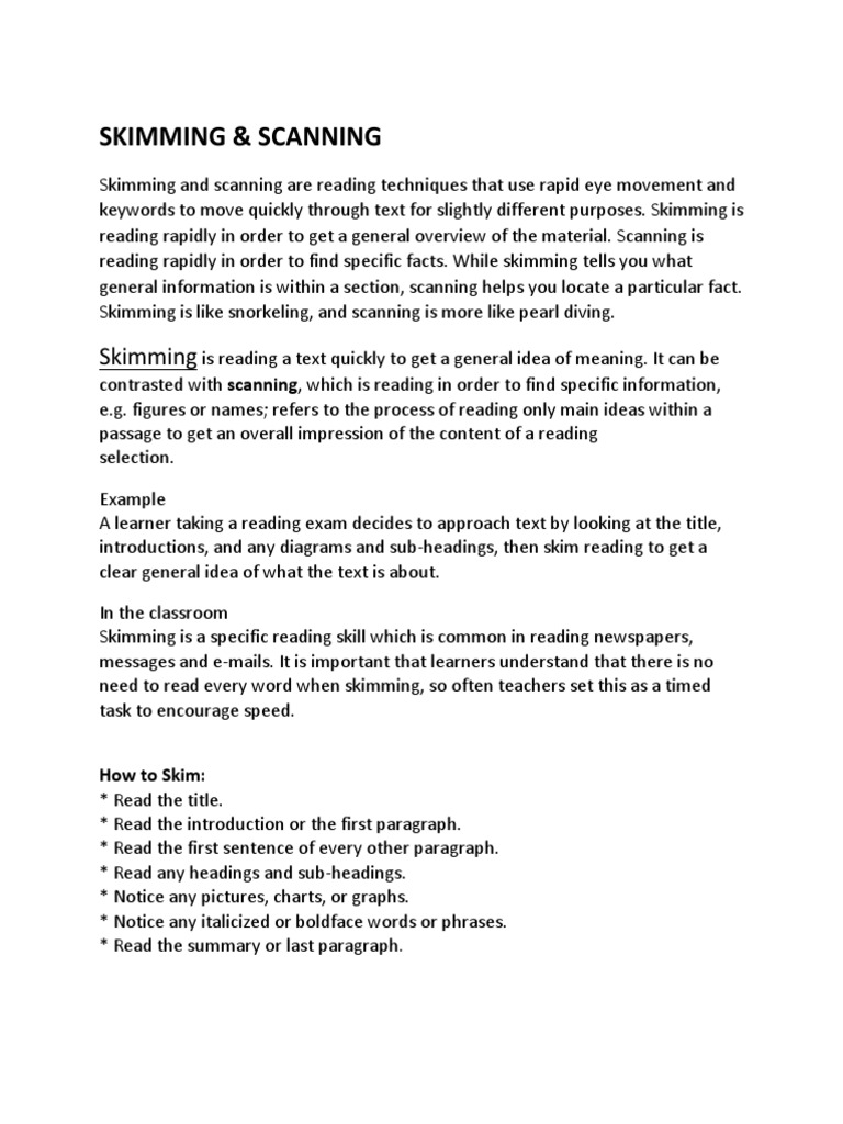 Skimming And Scanning Helpsheet Find…: English ESL