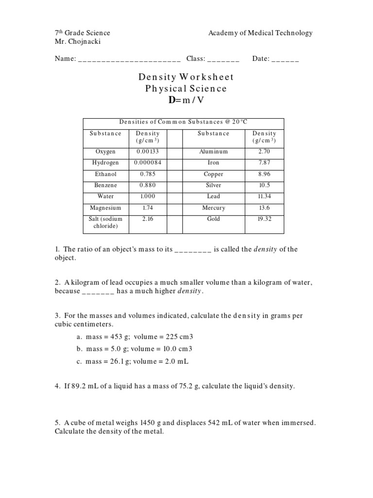7th Grade Science Density Worksheet | PDF