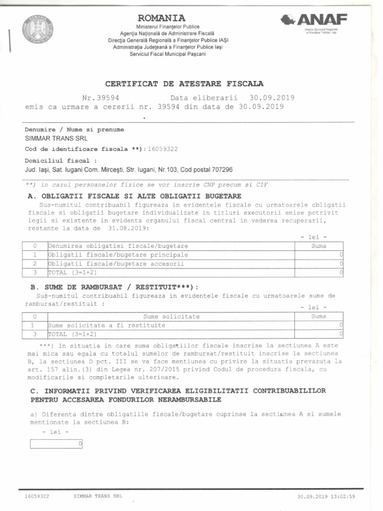 Certificat de Atestare Fiscala PDF | PDF