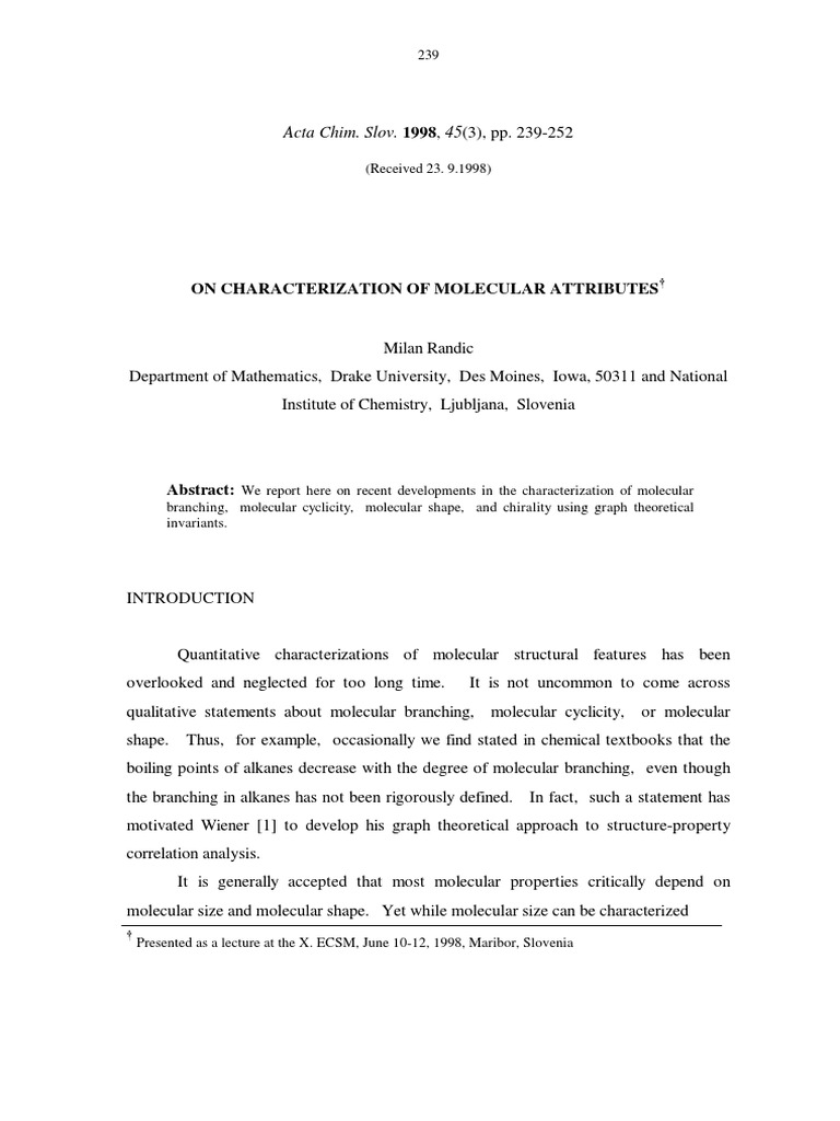 M. Randi C, On Characterization of Molecular Branching, J. Am. Chem. Soc. 97 (1975) 6609-6615 ...