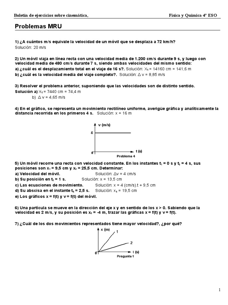 Ejercicios de MRU y MRUA 4º ESO | PDF | Cinemática | Velocidad