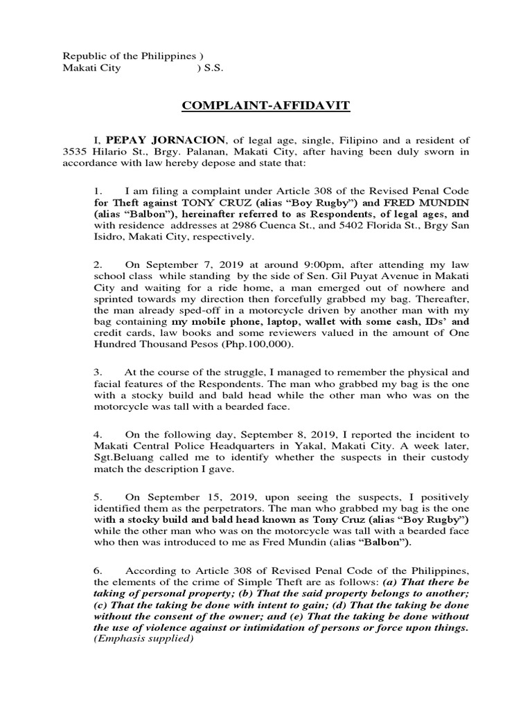 Sample Complaint Affidavit | PDF | Law Enforcement | Crime & Violence