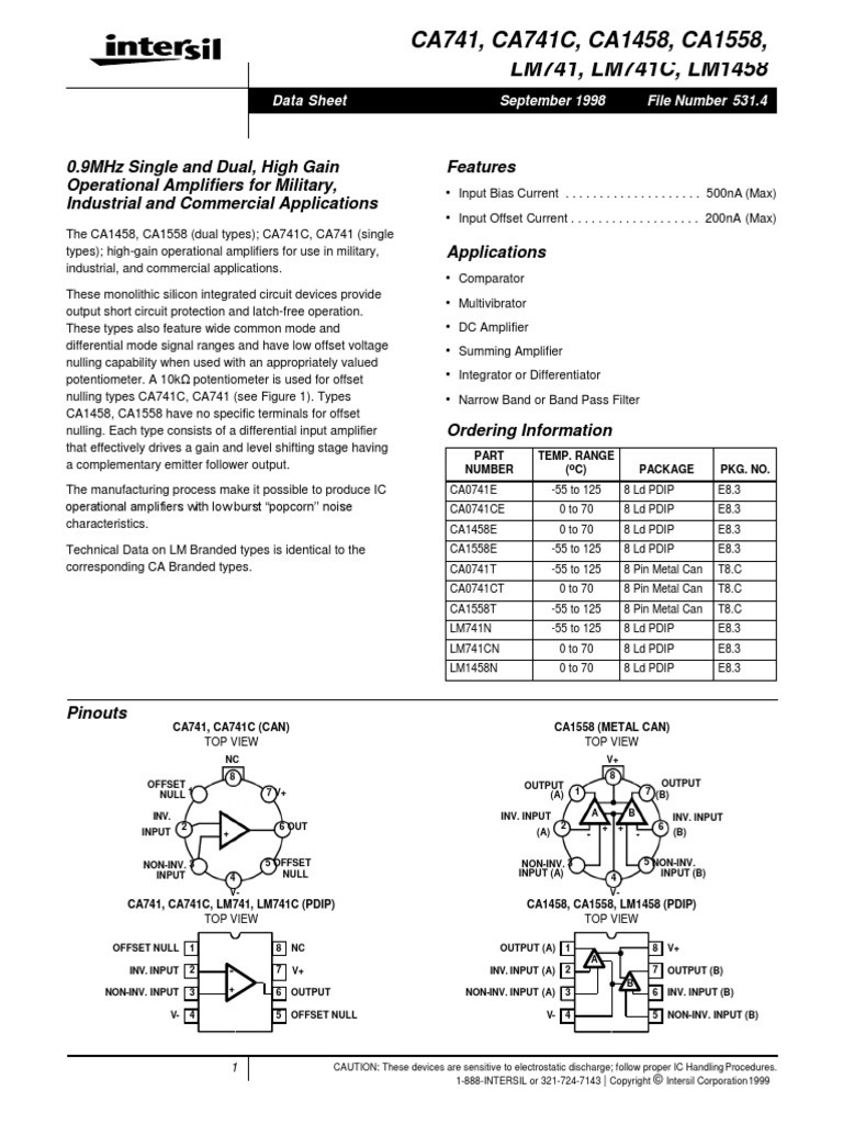 Datasheet lm741 | PDF | Operational Amplifier | Amplifier