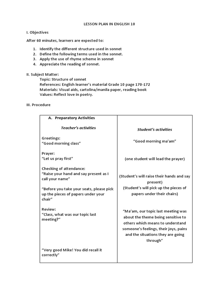 Lesson Plan English 10 Sonnet | PDF | Sonnets | Poetry