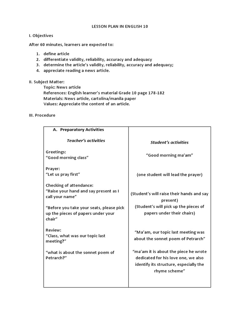 English 10 Lesson Plan: Analyzing Articles | PDF | Lesson Plan | Newspapers
