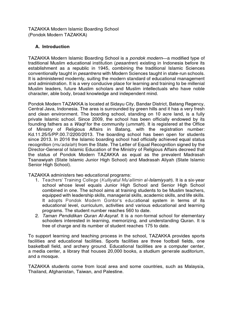Bio TAZAKKA Modern Islamic Boarding School | PDF | Schools | Arabic