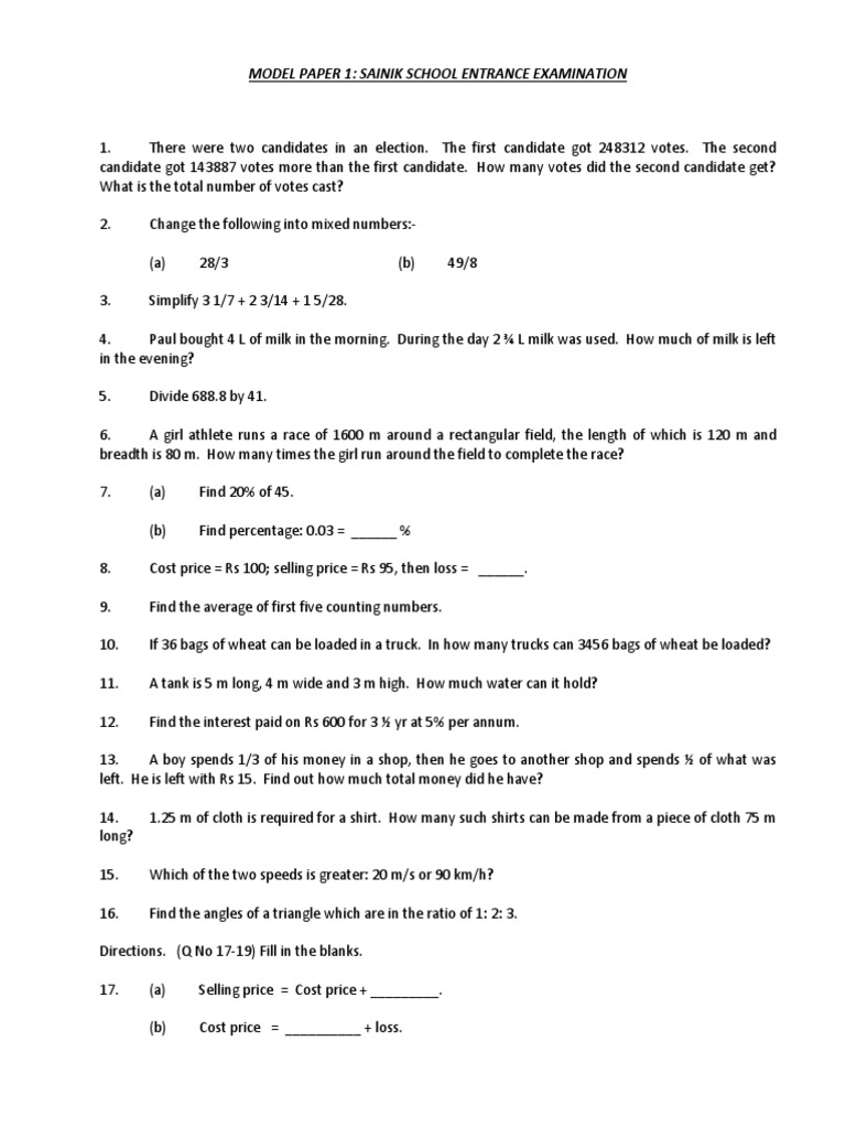 Model Paper Sainik School Class 6 | PDF | Area | Speed