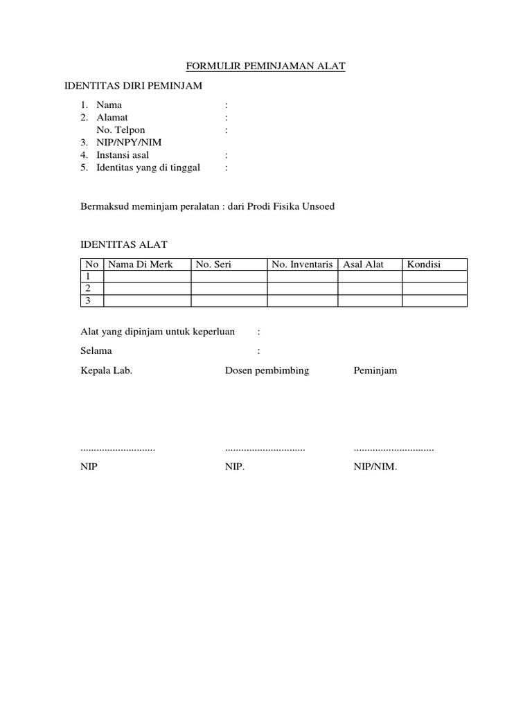 Formulir Peminjaman Alat Fisika Unsoed | PDF