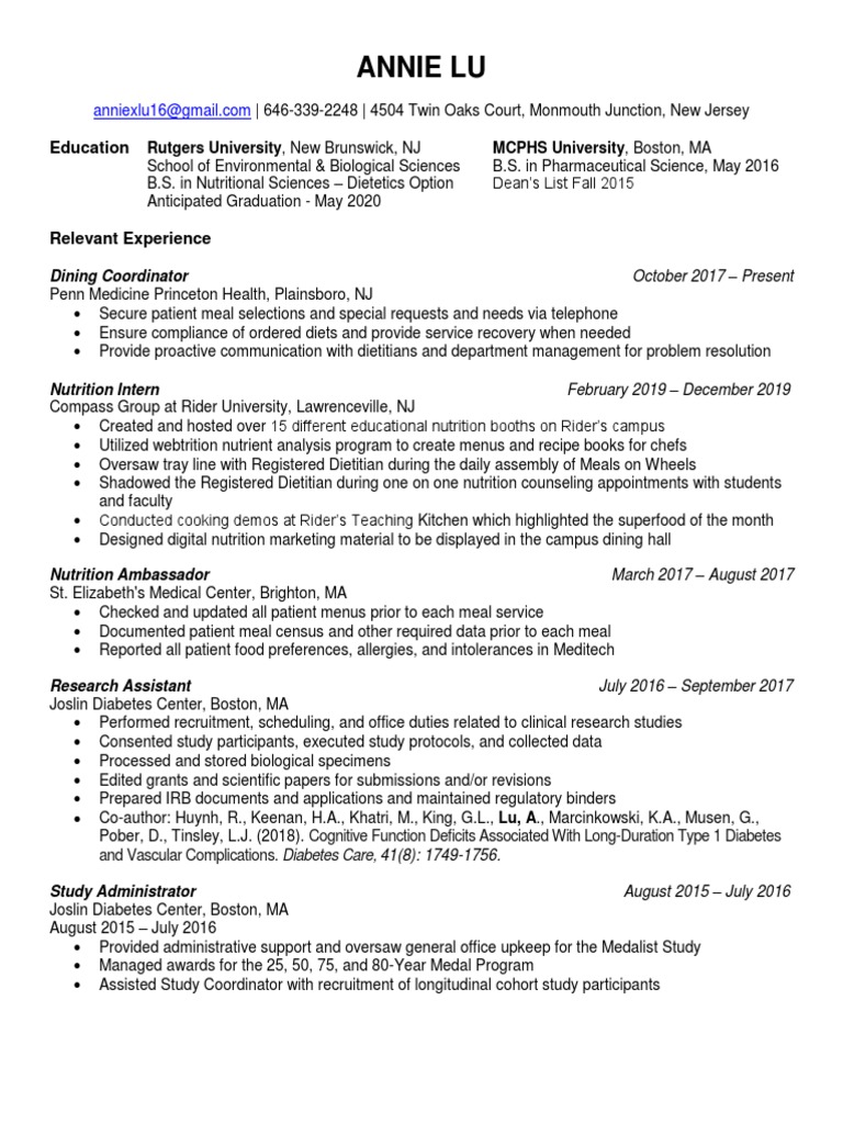 Annie's Resume | Download Free PDF | Dietitian | Nutrition