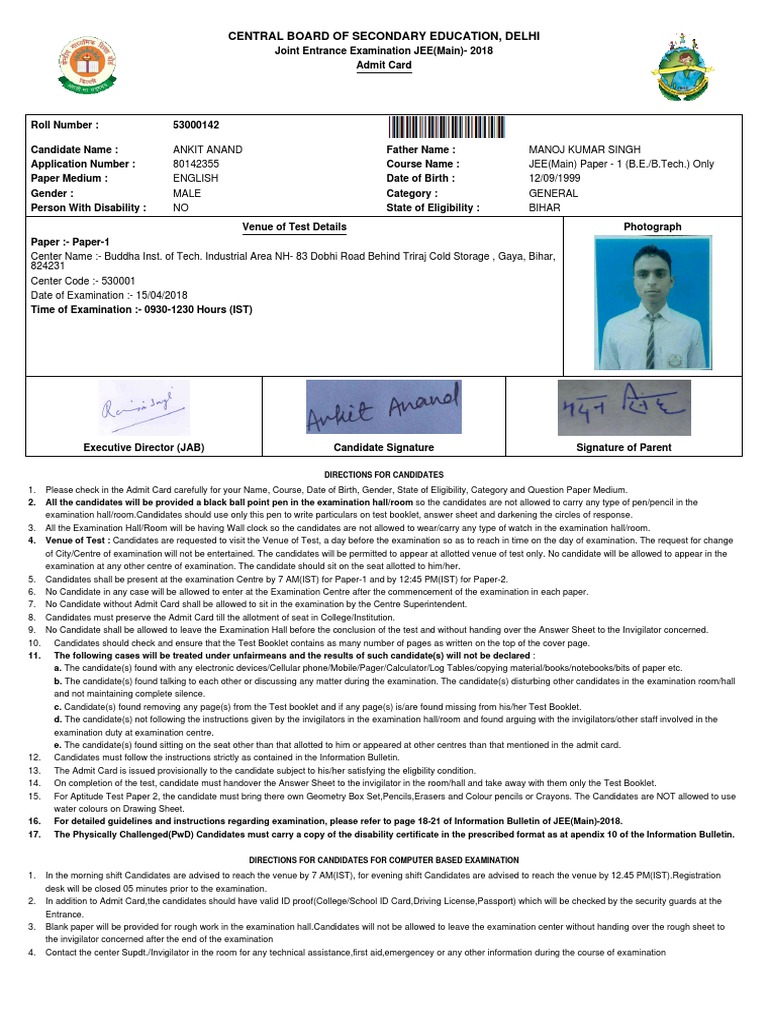Jee Admit Card | PDF | Test (Assessment)