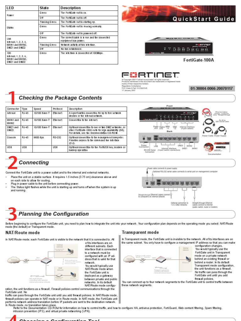 FortiGate-100A Quick Start Guide | PDF | Ip Address | Firewall (Computing)