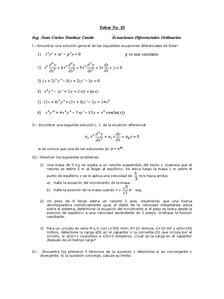 Deber 10 de EDO | PDF | Ecuaciones diferenciales | Ecuaciones