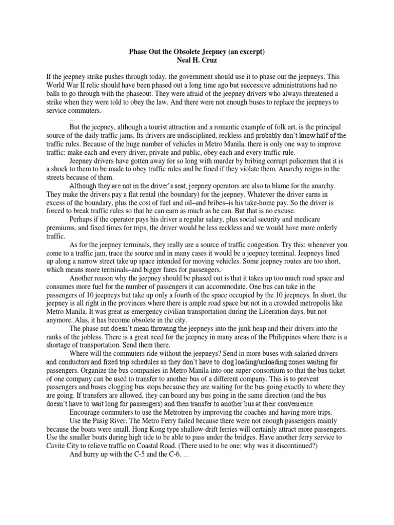 Jeepney Phase-Out: A Necessary Change | PDF | Bus | Land Transport