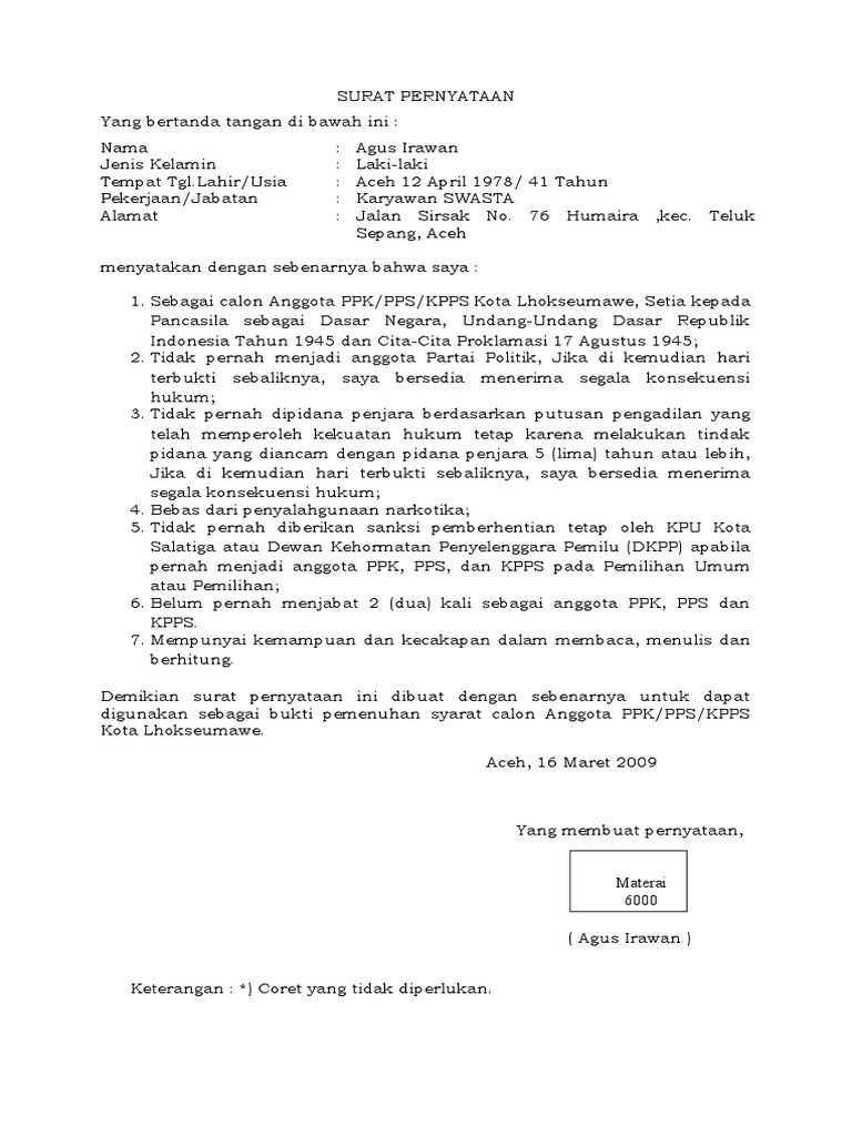 Surat Pernyataan PPK Pps | PDF