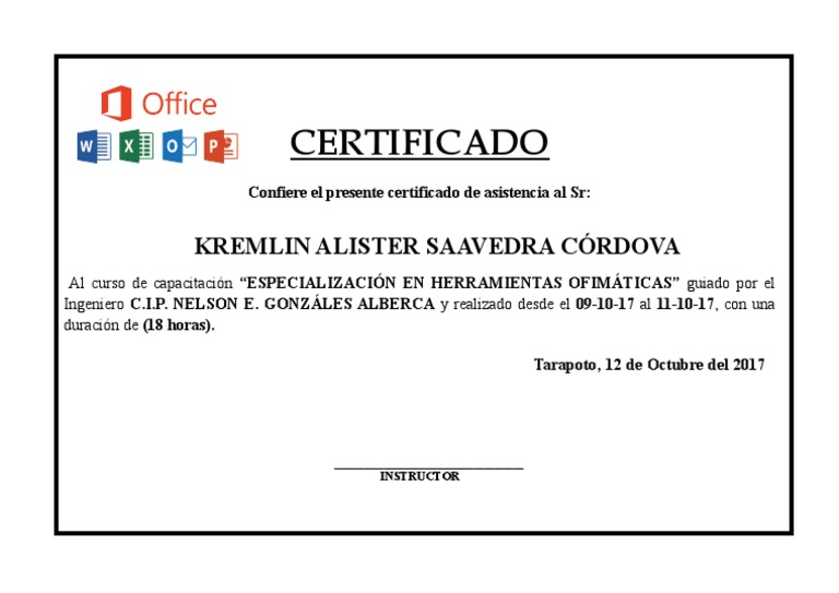 Certificado Curso Capacitacion Ofimatica | PDF