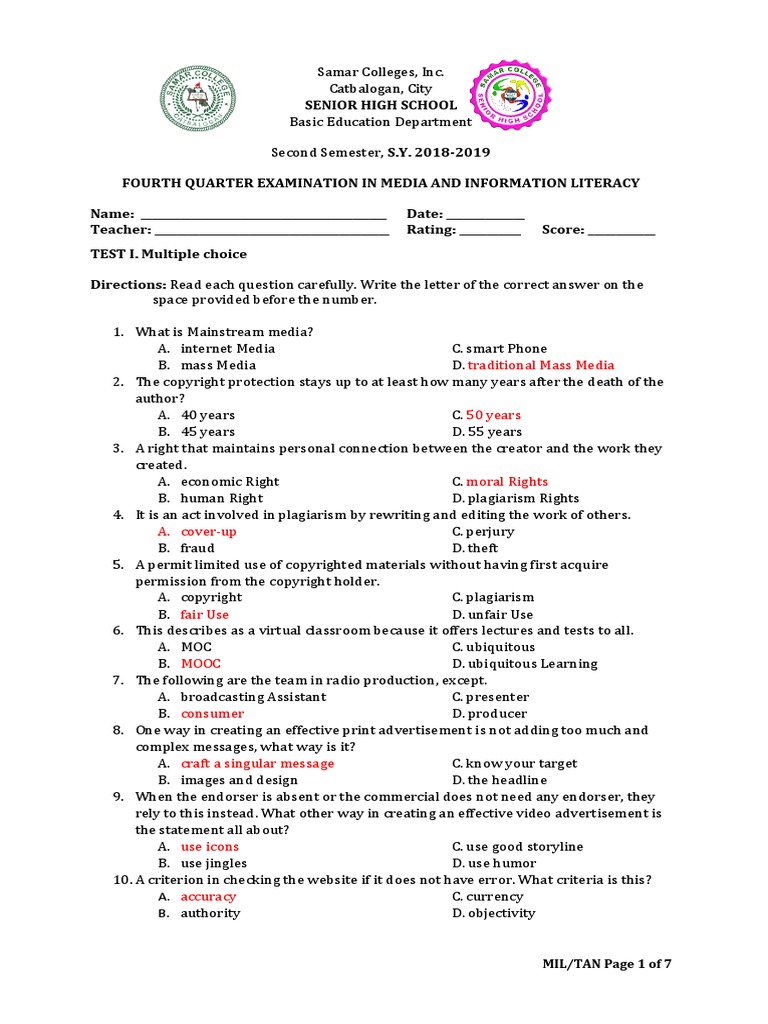 4th Quarter Examination Test in Media and Information Literacy | PDF ...