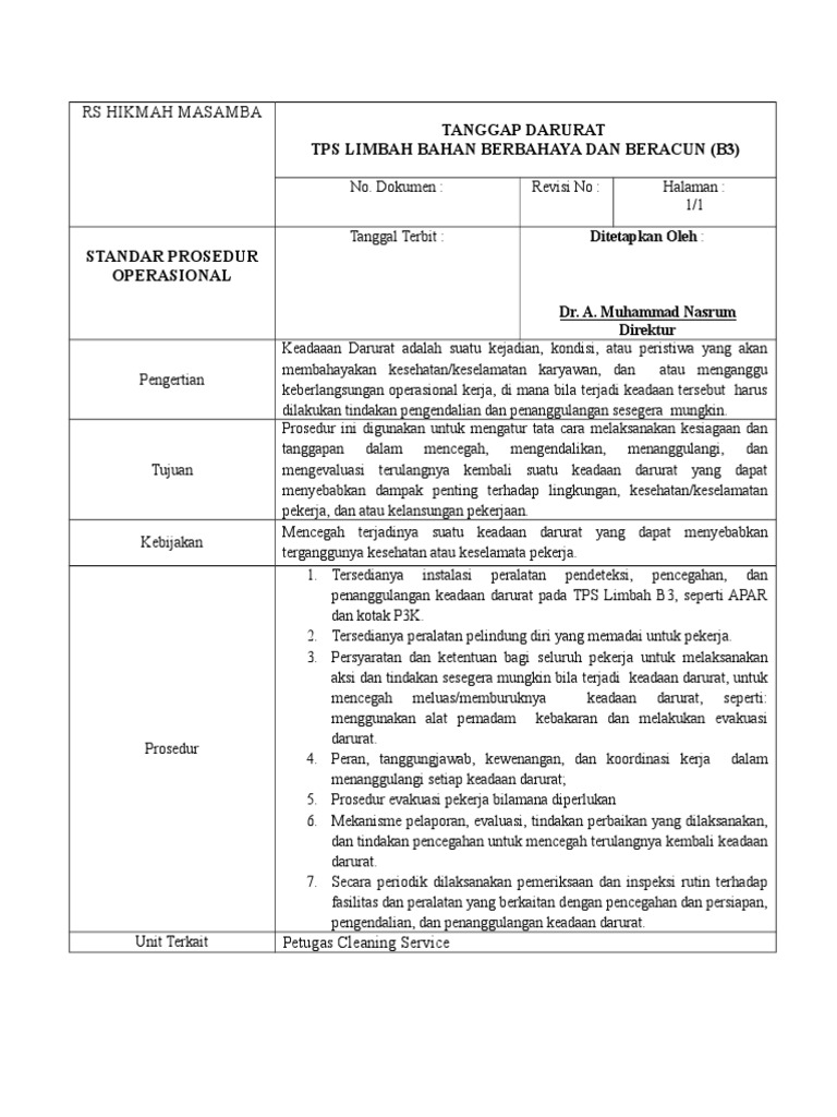 Sop Tanggap Darurat TPS Limbah B3 | PDF