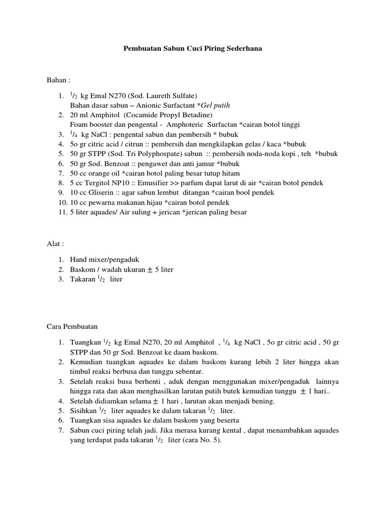 Resep Sabun Cuci Piring Sederhana | PDF