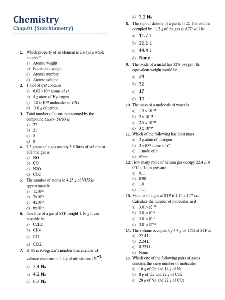 Chemistry Mcqs | PDF | Mole (Unit) | Carbon
