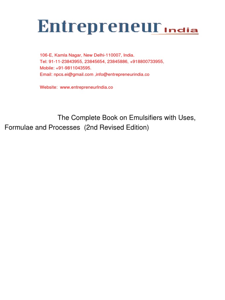 The Complete Book On Emulsifiers With Uses Formulae and Processes - 2nd ...