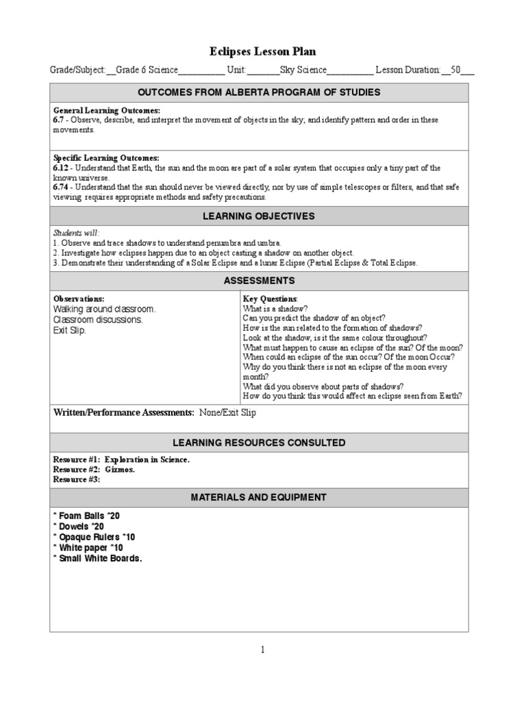 Grade 6 Eclipse Lesson Plan | PDF | Solar Eclipse | Eclipse