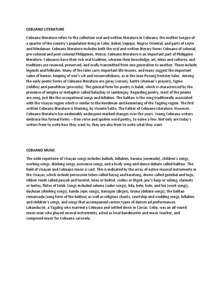 Cebuano Literature: A Cultural Overview | PDF | Poetry | Entertainment ...