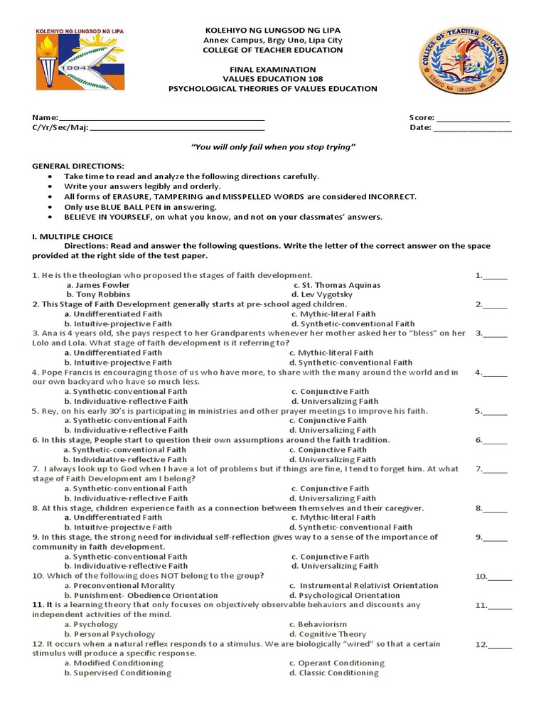Kolehiyo ng Lungsod ng Lipa Exam Guide | PDF | Id | Thought