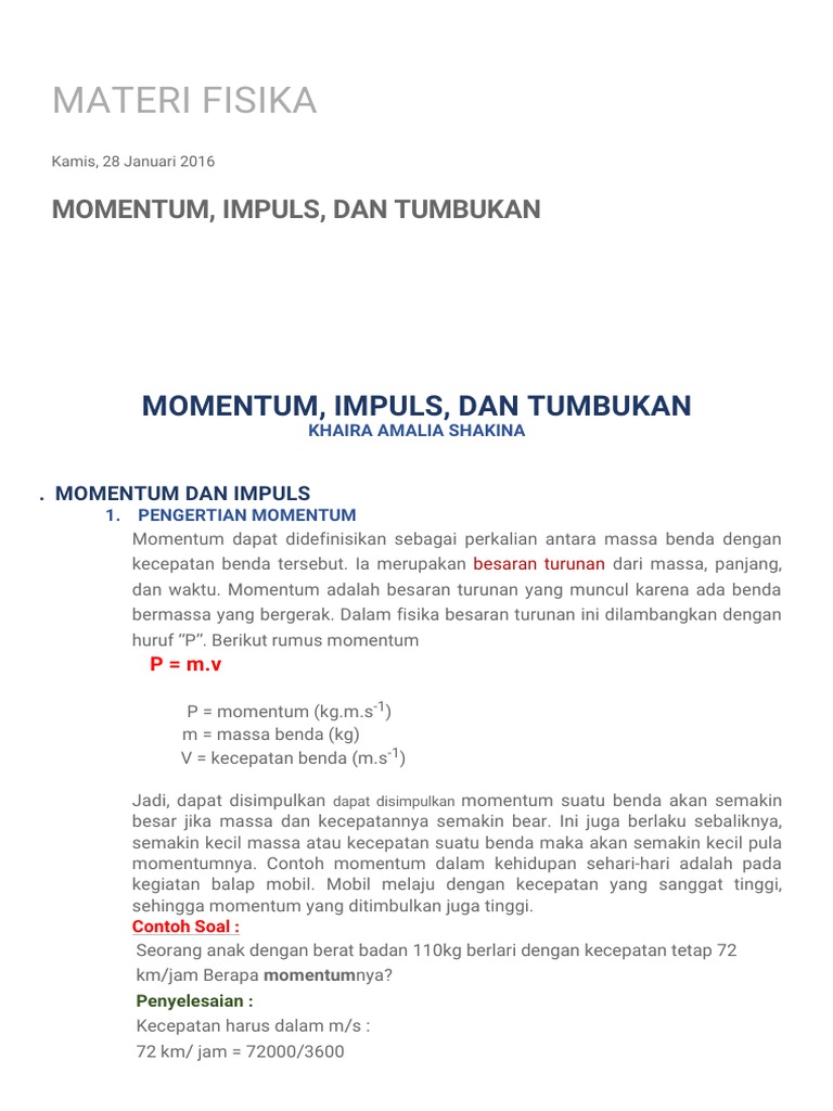 Materi Fisika - Momentum, Impuls, Dan Tumbukan | PDF