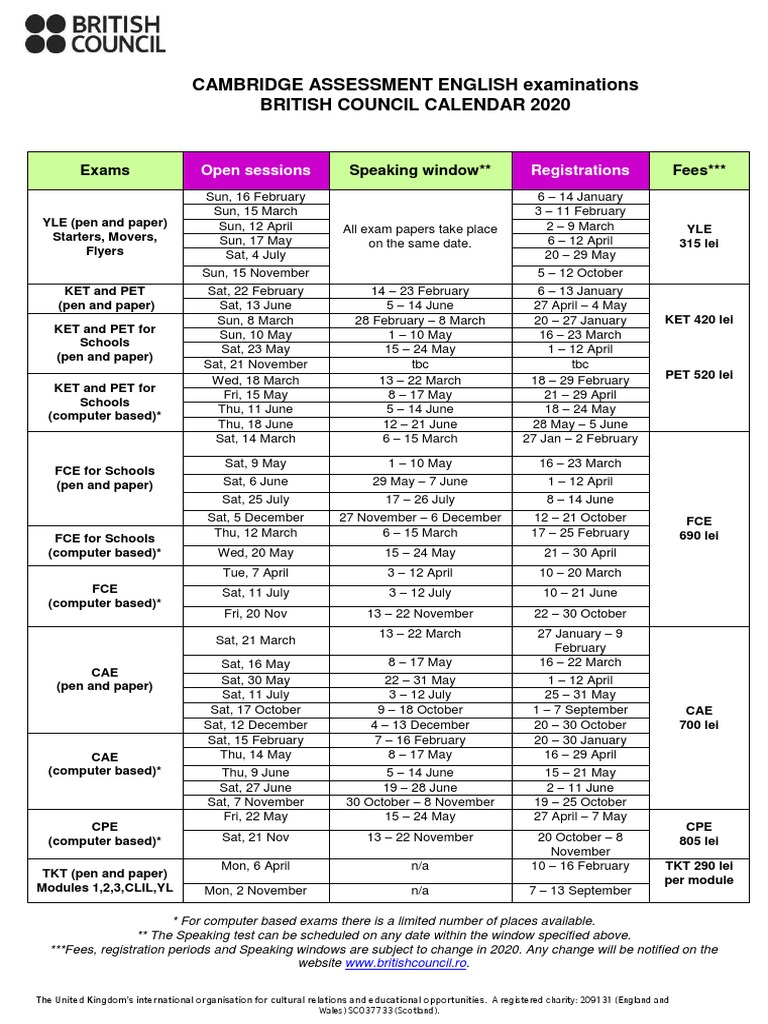 British Council Exam Schedule 2020 | PDF | Test (Assessment) | United ...