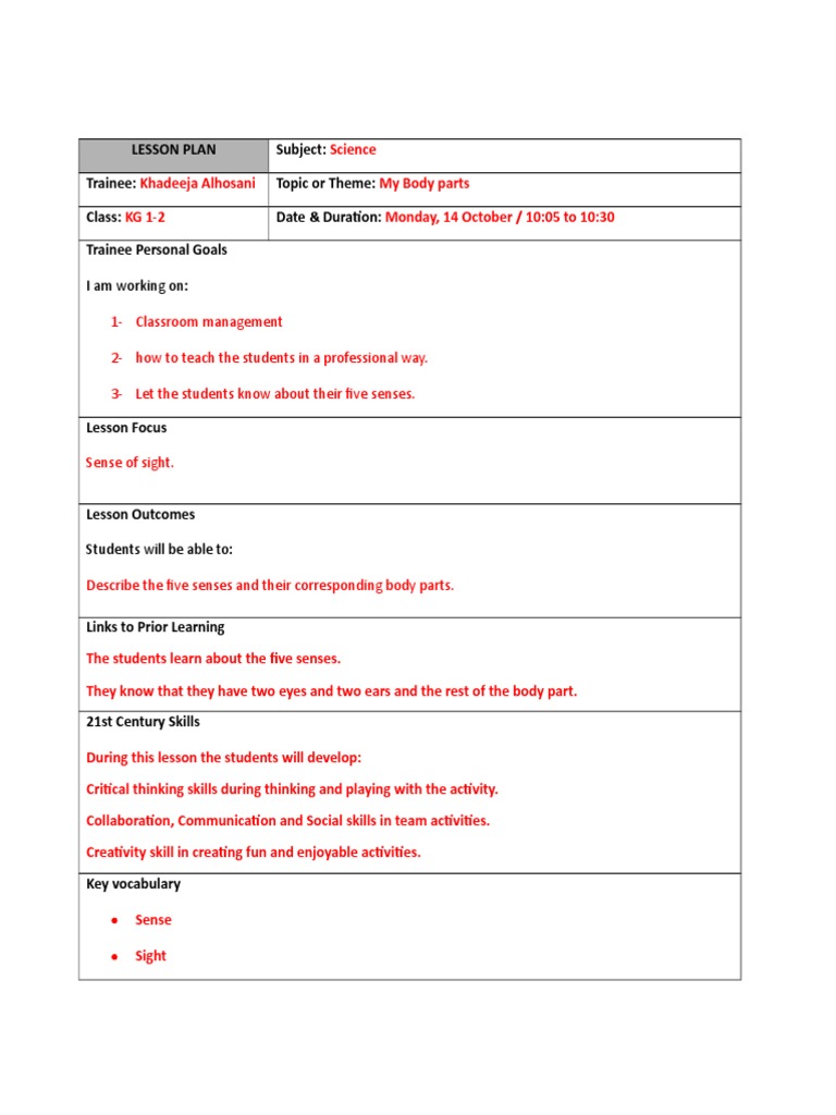 Lesson Plan - Body Parts | PDF | Lesson Plan | Neuropsychological ...