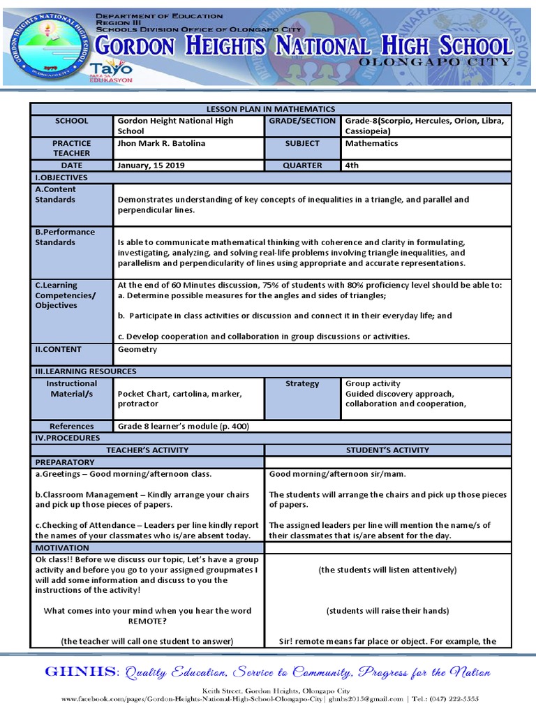 Grade 8 Geometry Lesson Plan | PDF | Triangle | Angle