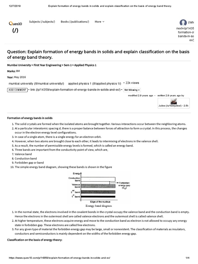 Explain Formation of Energy Bands in Solids and Explain Classification ...