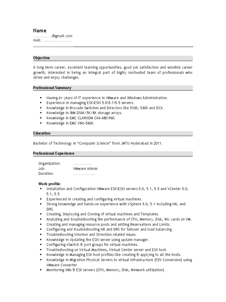 VMWare Admin Resume | PDF | V Mware | Computing Platforms