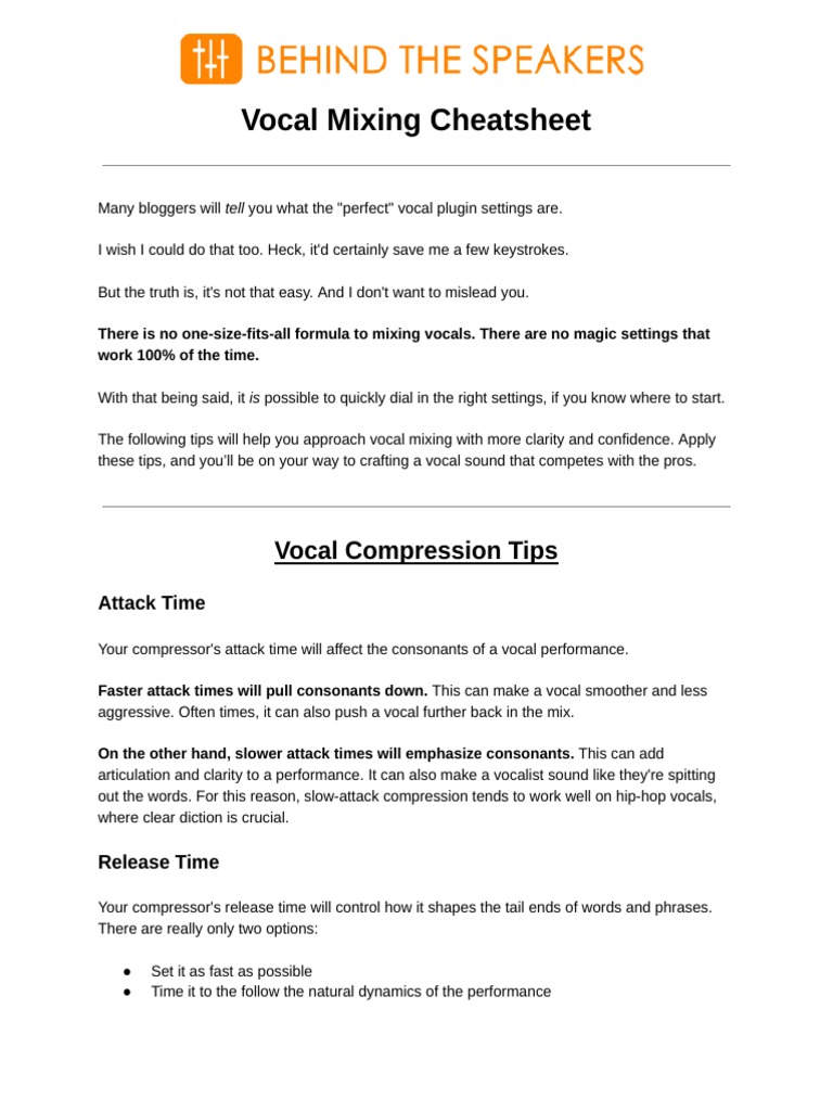 Vocal Mixing Cheatsheet PDF | PDF | Equalization (Audio) | Acoustics
