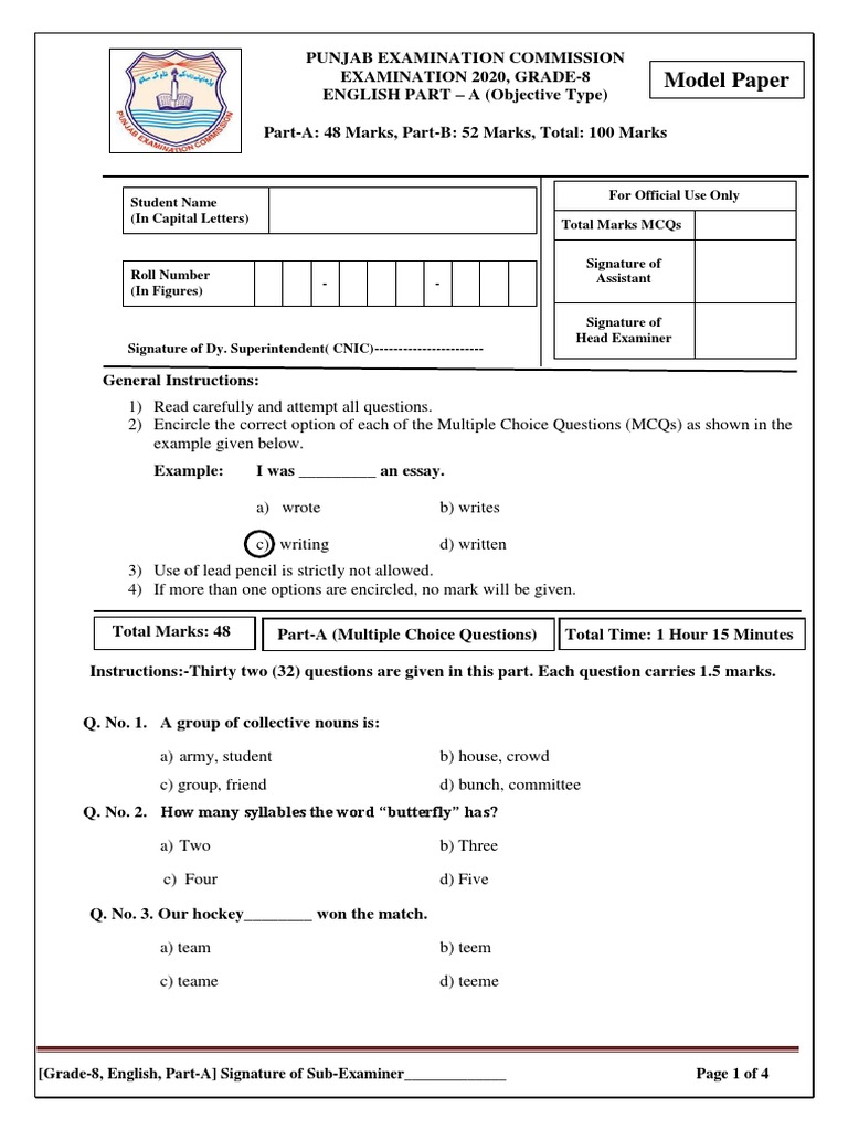 Grade 8-MCQ ENGLISH | PDF | Multiple Choice | English Language